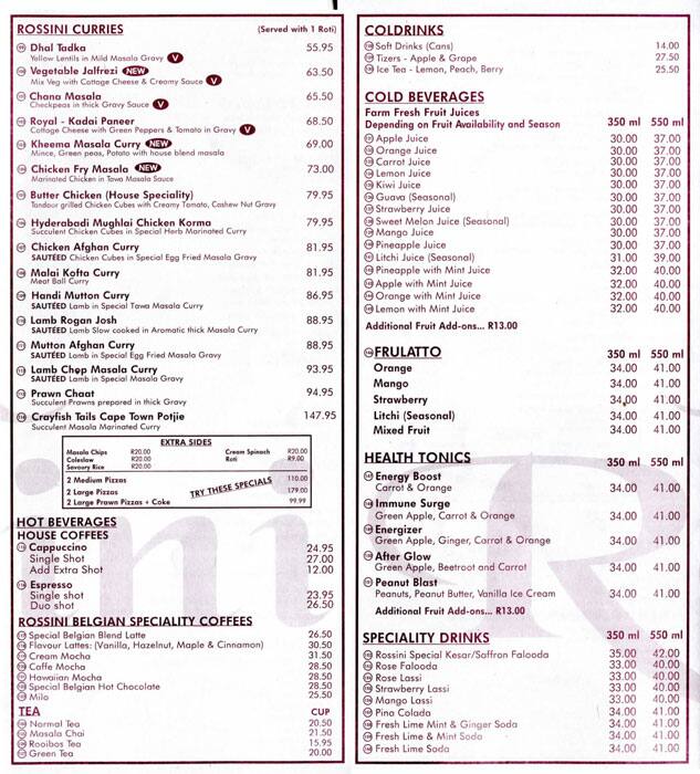 Menu at Rossini Restaurant, Cape Town