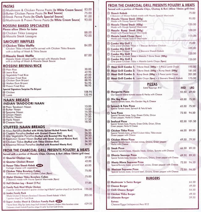 Menu at Rossini Restaurant, Cape Town