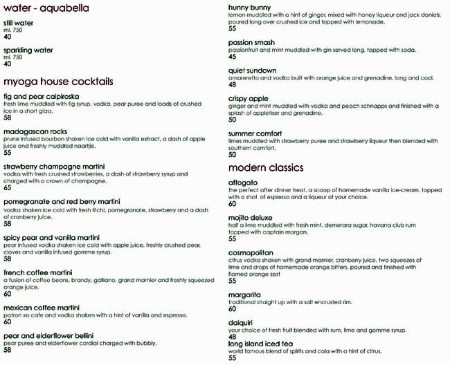 Menu at MYOGA RESTAURANT, Cape Town