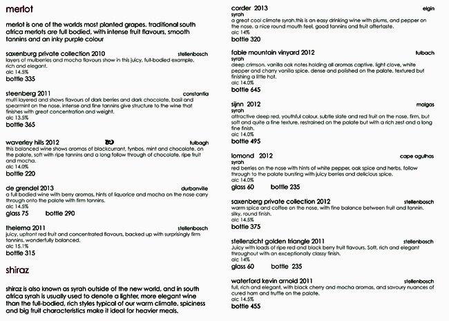 Menu at MYOGA RESTAURANT, Cape Town