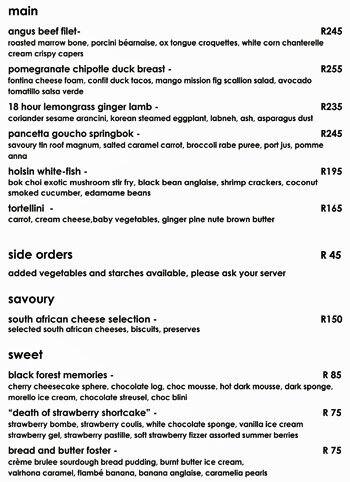 Menu at MYOGA RESTAURANT, Cape Town