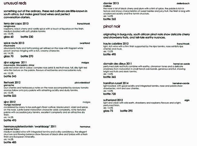 Menu at MYOGA RESTAURANT, Cape Town