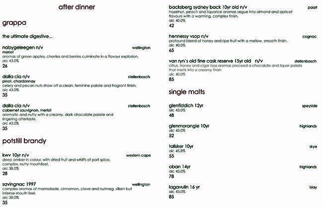 Menu at MYOGA RESTAURANT, Cape Town