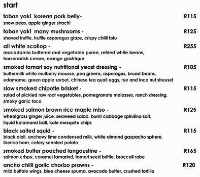 Menu at MYOGA RESTAURANT, Cape Town