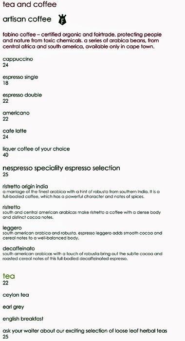 Menu at MYOGA RESTAURANT, Cape Town