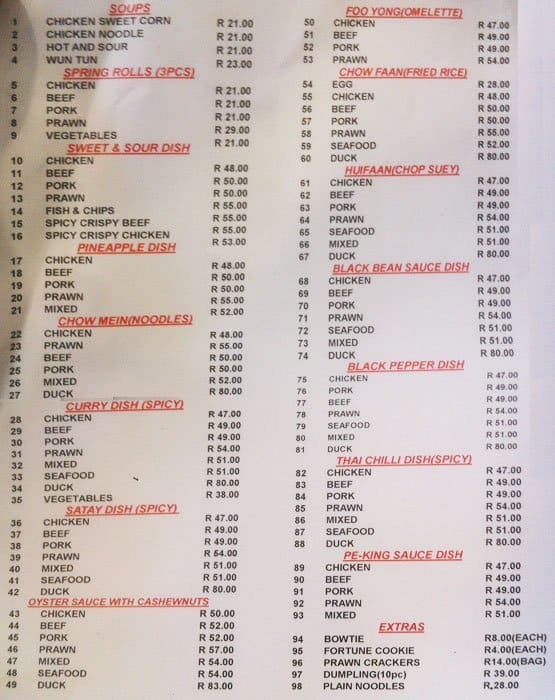 Menu at GoodWill Chinese Cook restaurant, Germiston