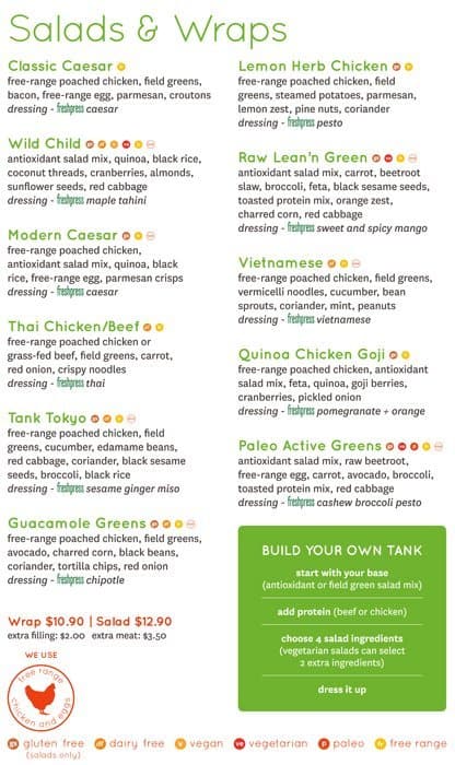 Menu at Tank Juice fast food, Auckland, Great North Road Lynn Mall