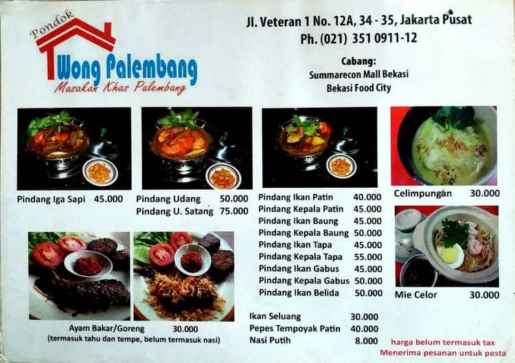 Menu at Pondok Wong Palembang restaurant, Jakarta, Jl. Veteran I No.34-35