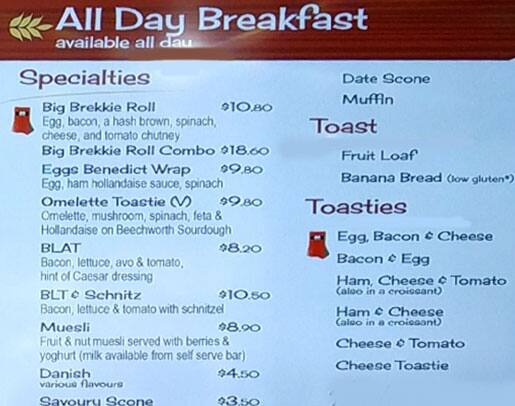 Menu at Beechworth Bakery Healesville, Healesville