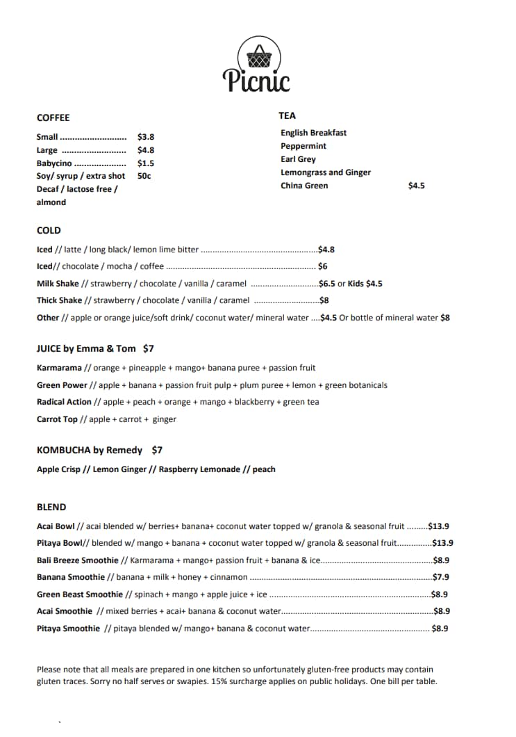 Menu at Picnic cafe, Coorparoo