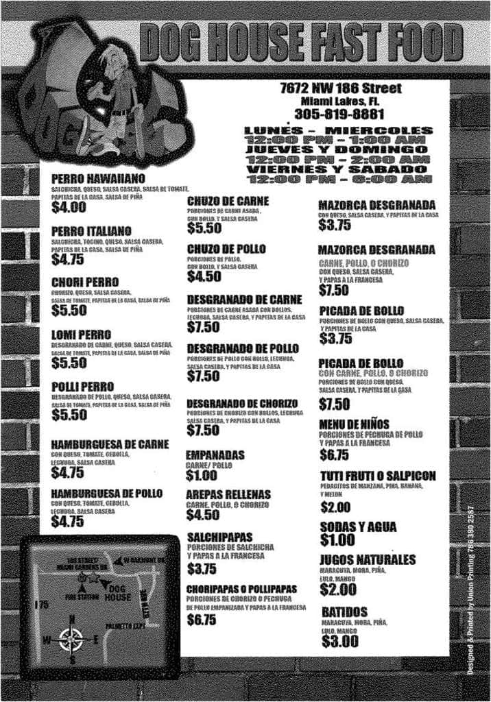 Menu at Dog House fast food, Hialeah