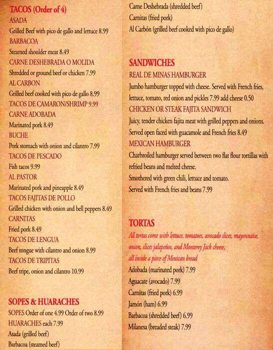 Menu at Real de Minas restaurant, Aurora, E Evans Ave
