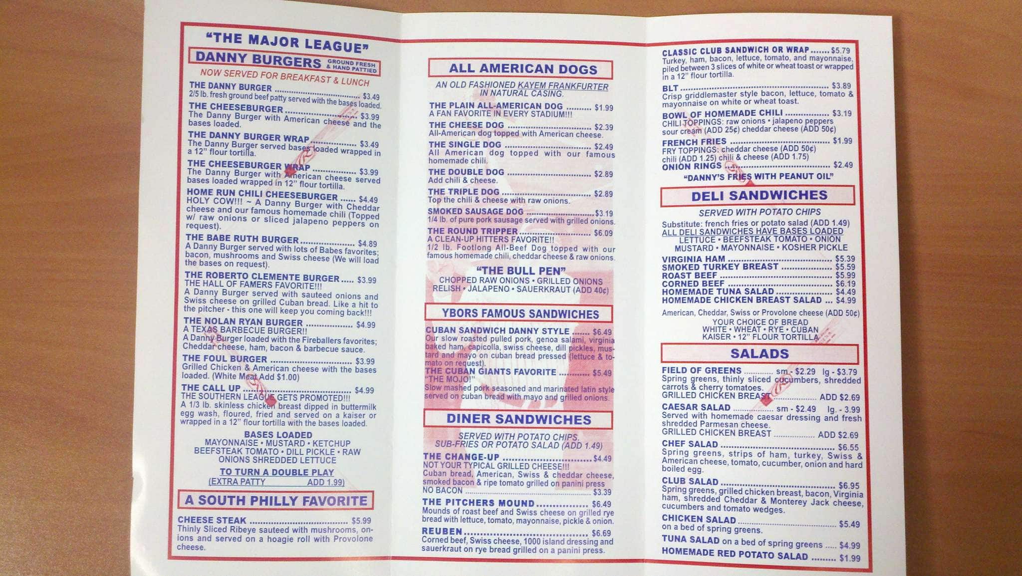 Menu at Danny's All American Diner restaurant, Tampa