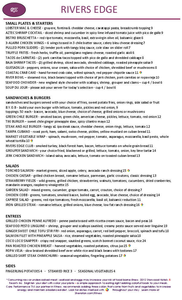 Menu at Rivers Edge restaurant, Tampa