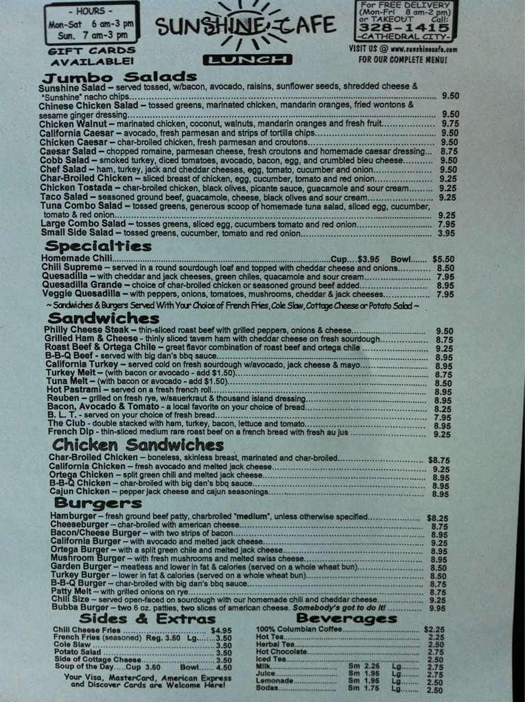 Menu at Sunshine Cafe, Cathedral City, Cathedral Canyon Dr
