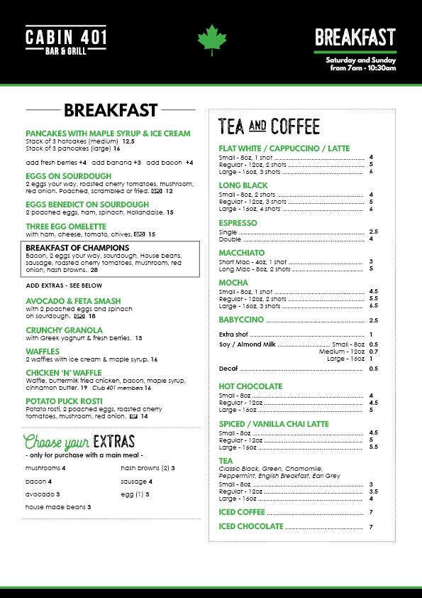 Menu at Cabin 401 Bar & Grill, Bibra Lake