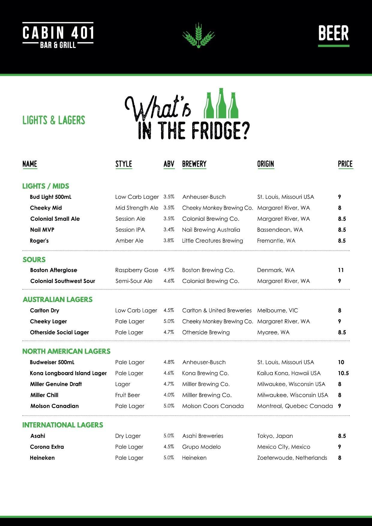 Menu at Cabin 401 Bar & Grill, Bibra Lake