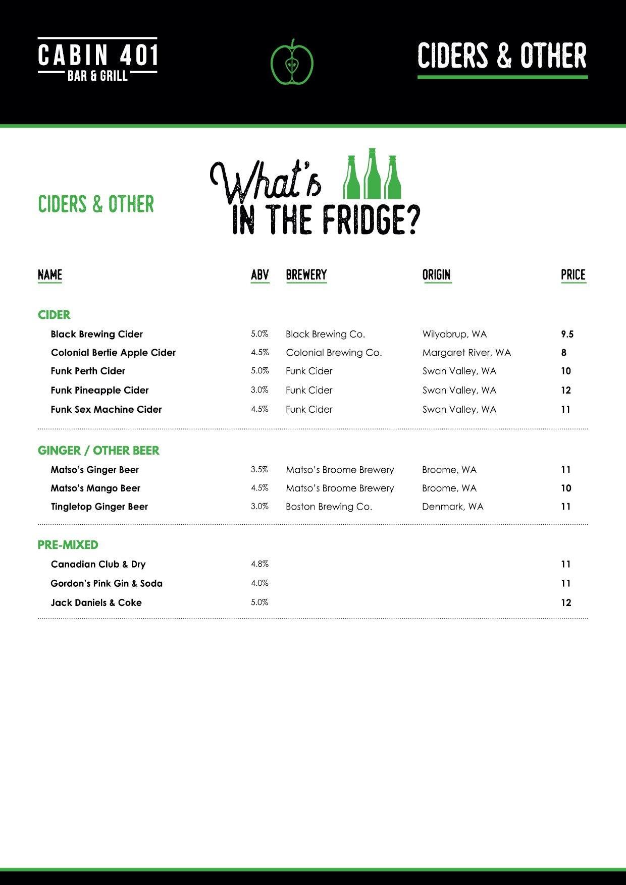 Menu at Cabin 401 Bar & Grill, Bibra Lake