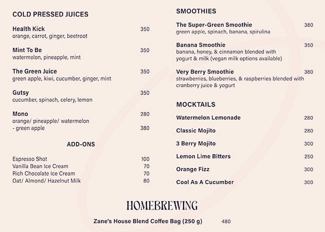 Menu of Zane's Cafe, Lower Parel, Mumbai