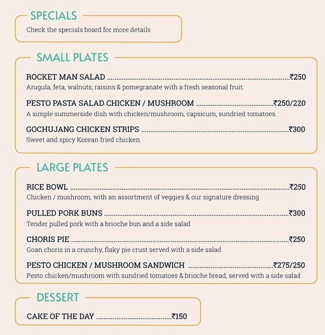 Menu of The Owl Cafe, Moira, Goa