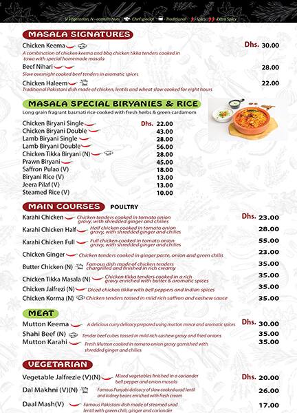 Menu at Masala restaurant, Abu Dhabi