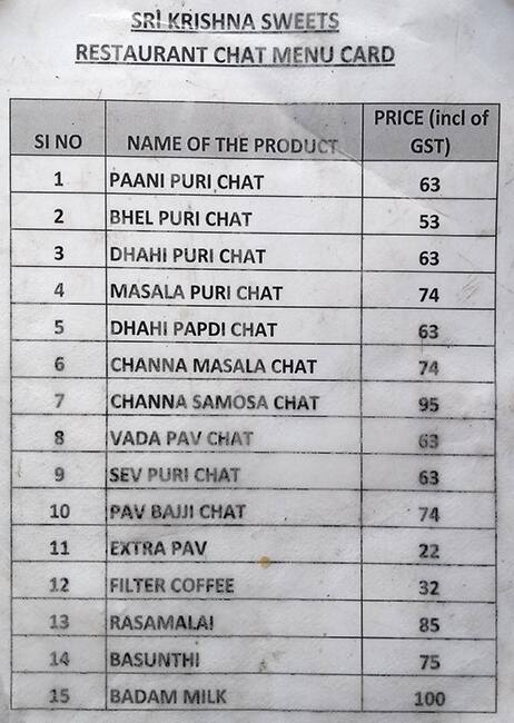 Sri Krishna Sweets Menu, Menu for Sri Krishna Sweets, Ambattur, Chennai ...