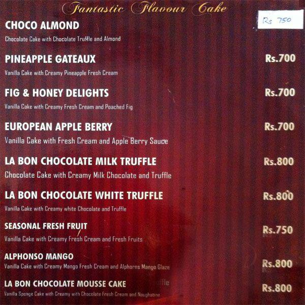 Menu at LA BON CHOCOLATE, Chennai, Workers Estate