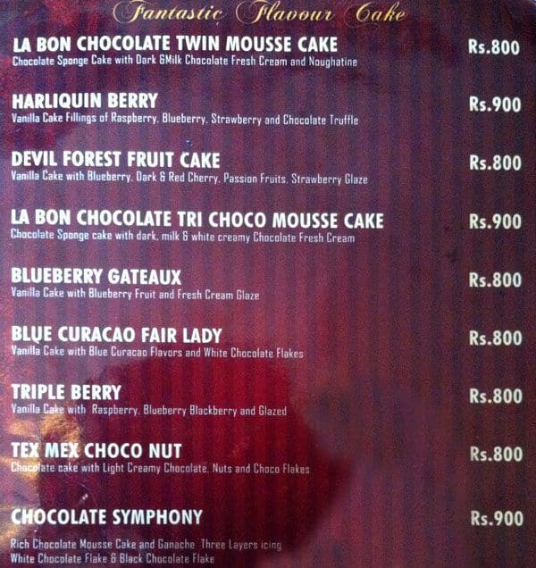 Menu at LA BON CHOCOLATE, Chennai, Workers Estate