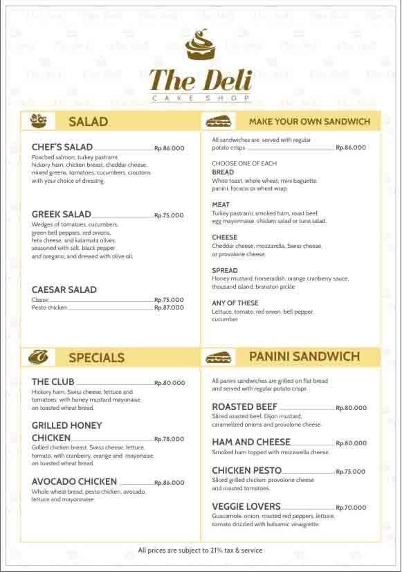 Menu at The Deli Cake Shop cafe, South Jakarta, Hotel Kristal