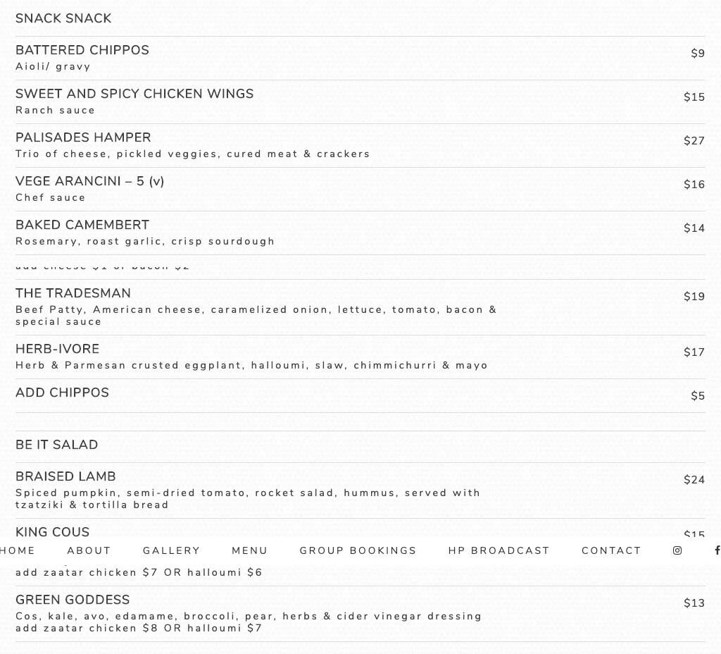 Menu at Hotel Palisade pub & bar, Sydney