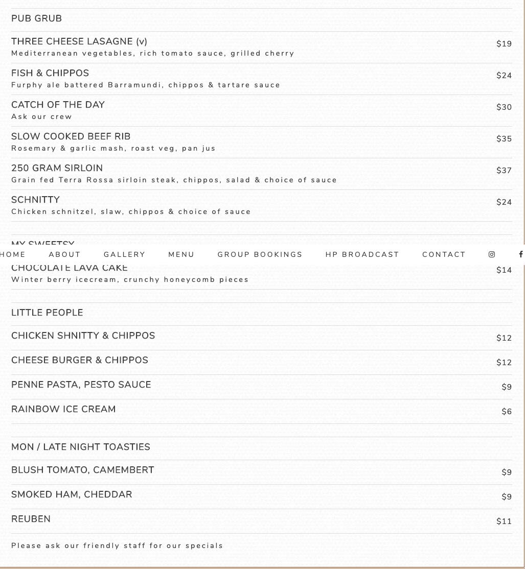 Menu at Hotel Palisade pub & bar, Sydney