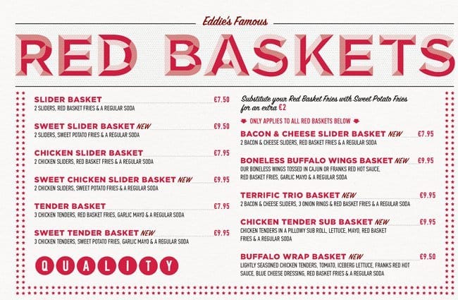 Carta del restaurante Eddie Rocket's, Dublin, The Parnell Centre