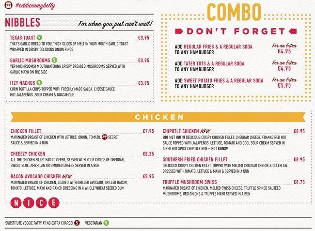 Carta del restaurante Eddie Rocket's, Dublin, The Parnell Centre