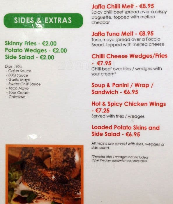 Menu at Jaffas restaurant, Balbriggan