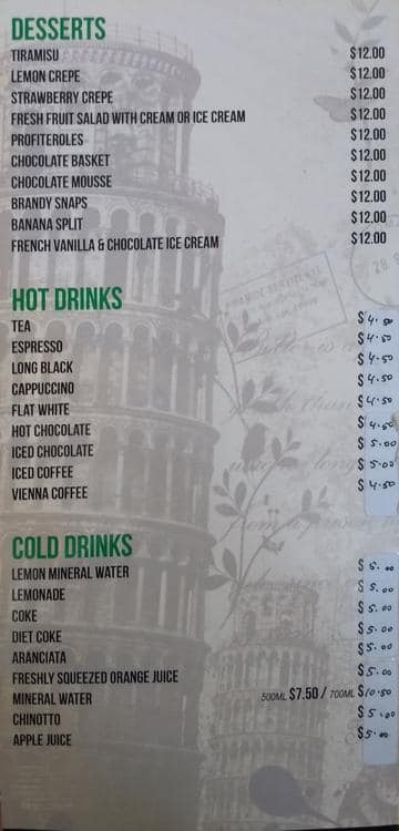 Menu at Cafe Palms, Essendon