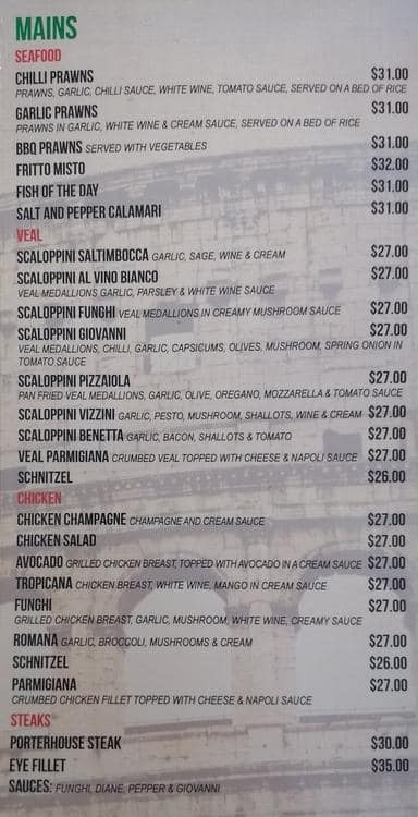 Menu at Cafe Palms, Essendon