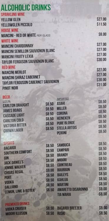 Menu at Cafe Palms, Essendon