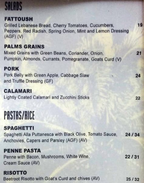 Menu at The Palms restaurant, Upper Mount Gravatt