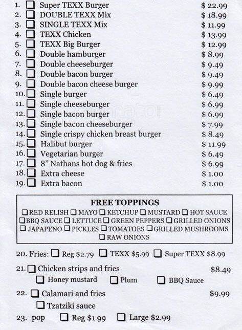 Carta del restaurante Texx Big Burger, Surrey, Whalley Blvd