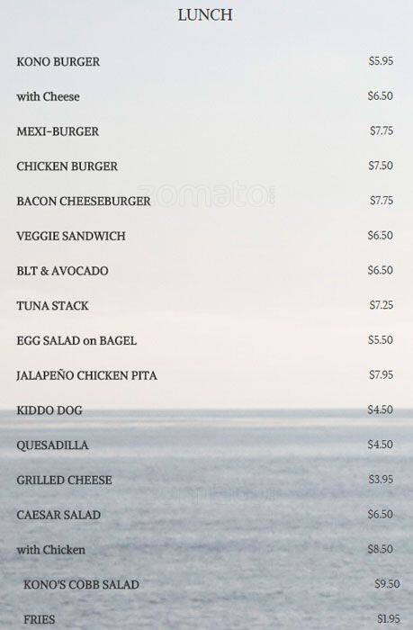 Menu at Kono's Cafe, San Diego