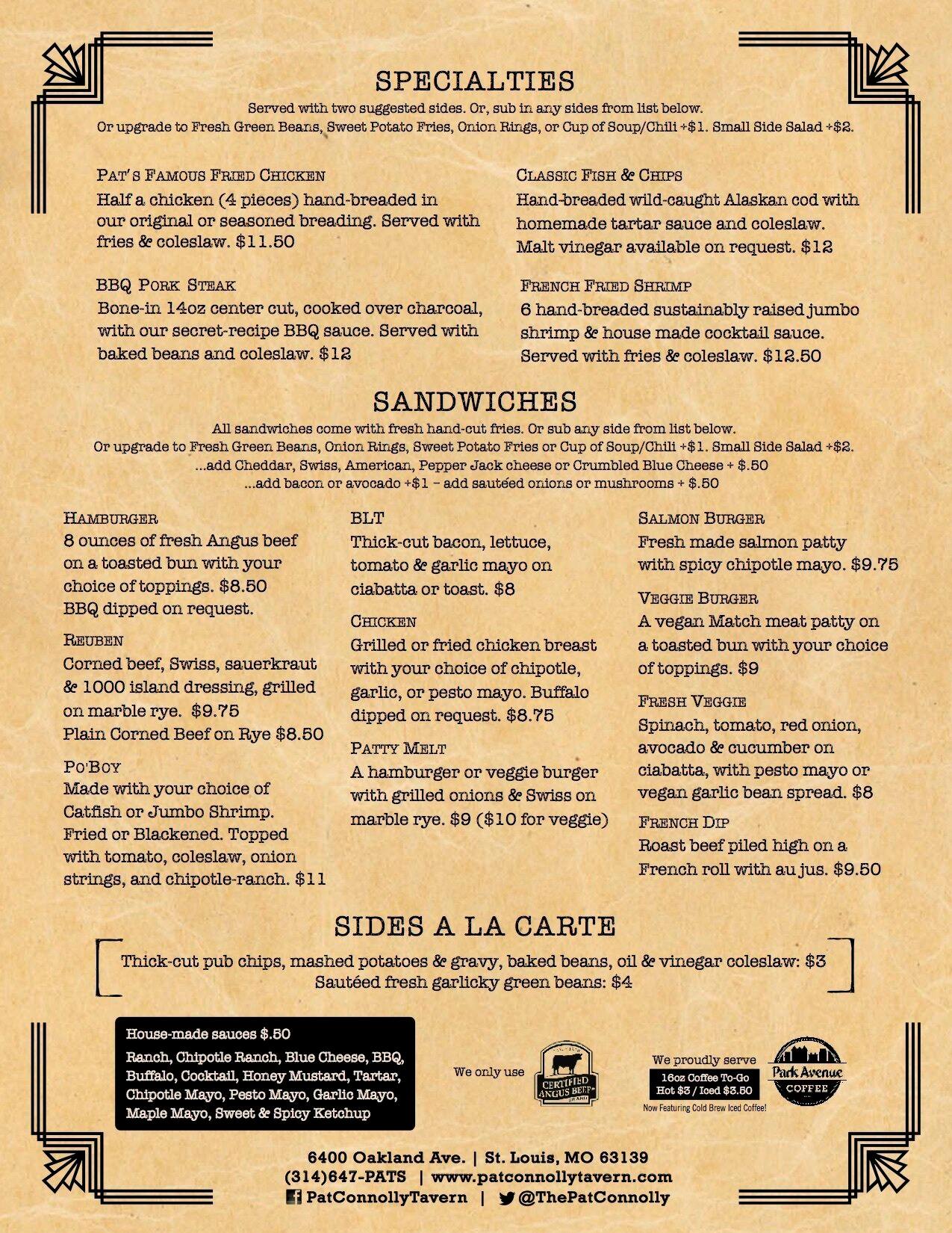 Menu at The Pat Connolly Tavern pub & bar, St. Louis