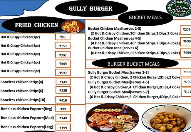 Menu of Gully Burger, Banaswadi, Bangalore