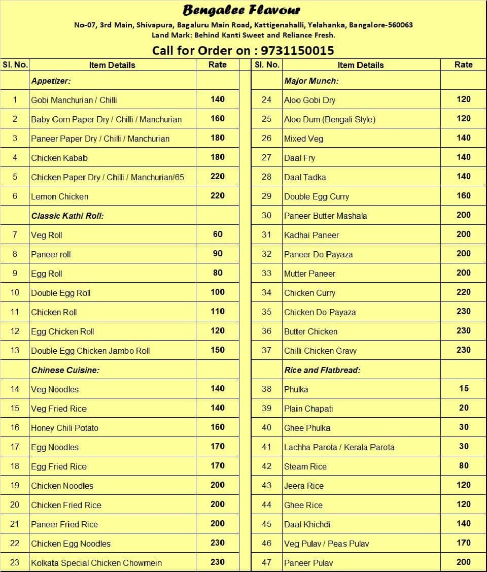 Menu of Bengalee Flavour, Yelahanka, Bangalore