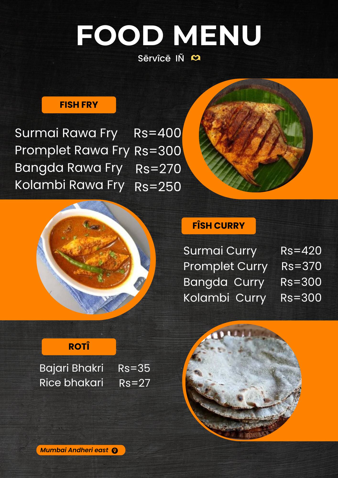 Menu of Only Fishes, Near Andheri East Station, Mumbai