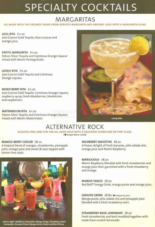 Menu at Hard Rock Cafe, Manchester