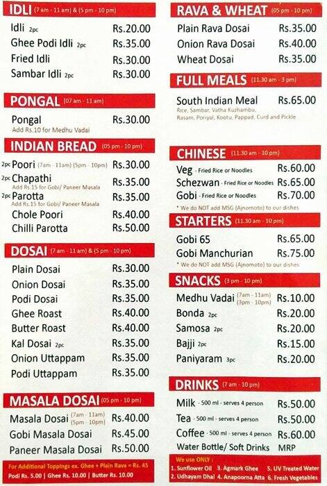Menu at Dosa Village, Chennai, 2