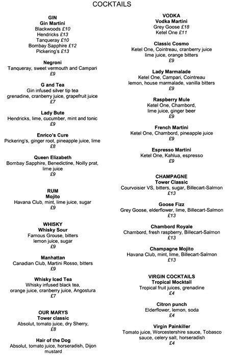 Menu at Tower Restaurant, Edinburgh, National Museum of Scotland