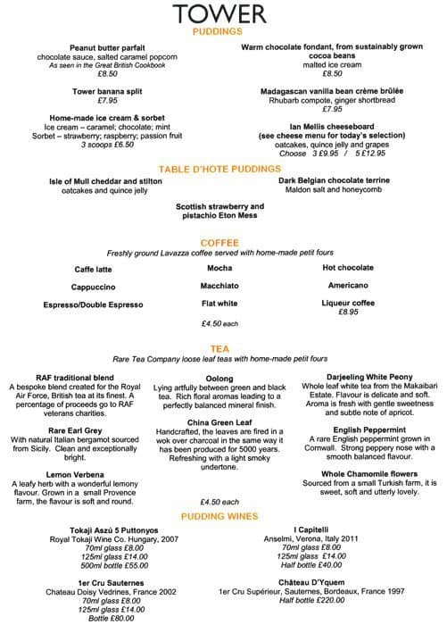 Menu at Tower Restaurant, Edinburgh, National Museum of Scotland