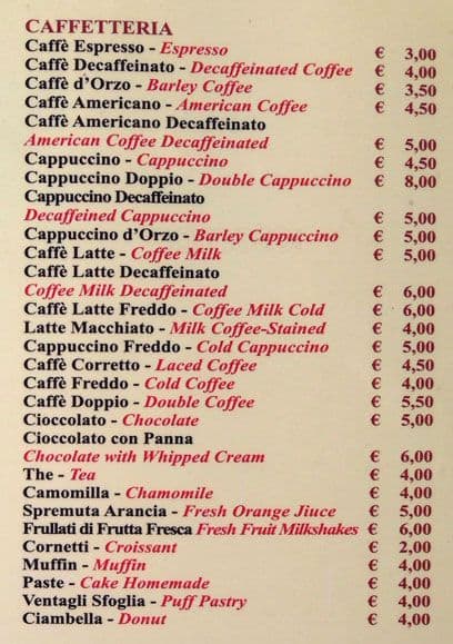 Menu at La Biga pub & bar, Rome, Via Nicola Salvi