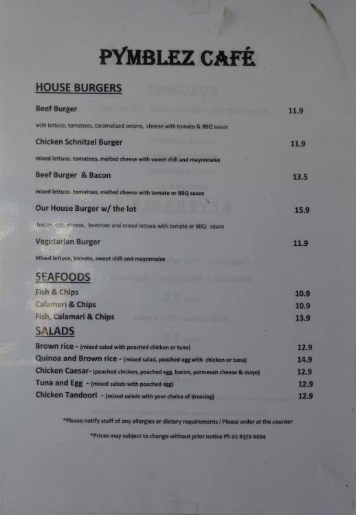 Menu at Pymblez Cafe, Pymble